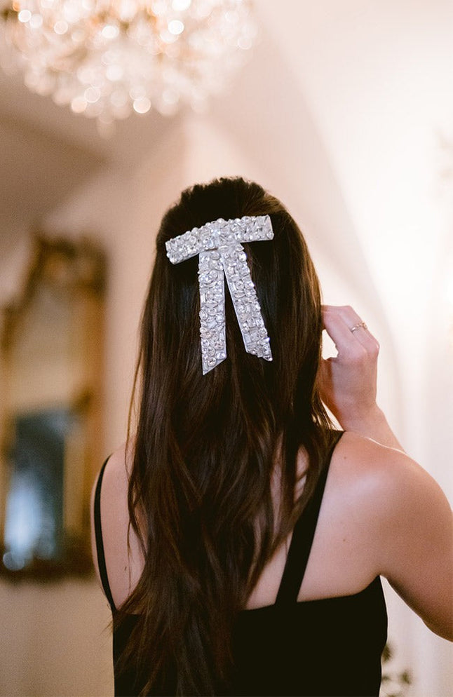 Melanie Bow Barrette, white with large clear crystals | L. Erickson ...